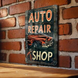 Vintage AUTO REPAIR SHOP Metal Sign, Wrench Engine Illustration, Earthy ...