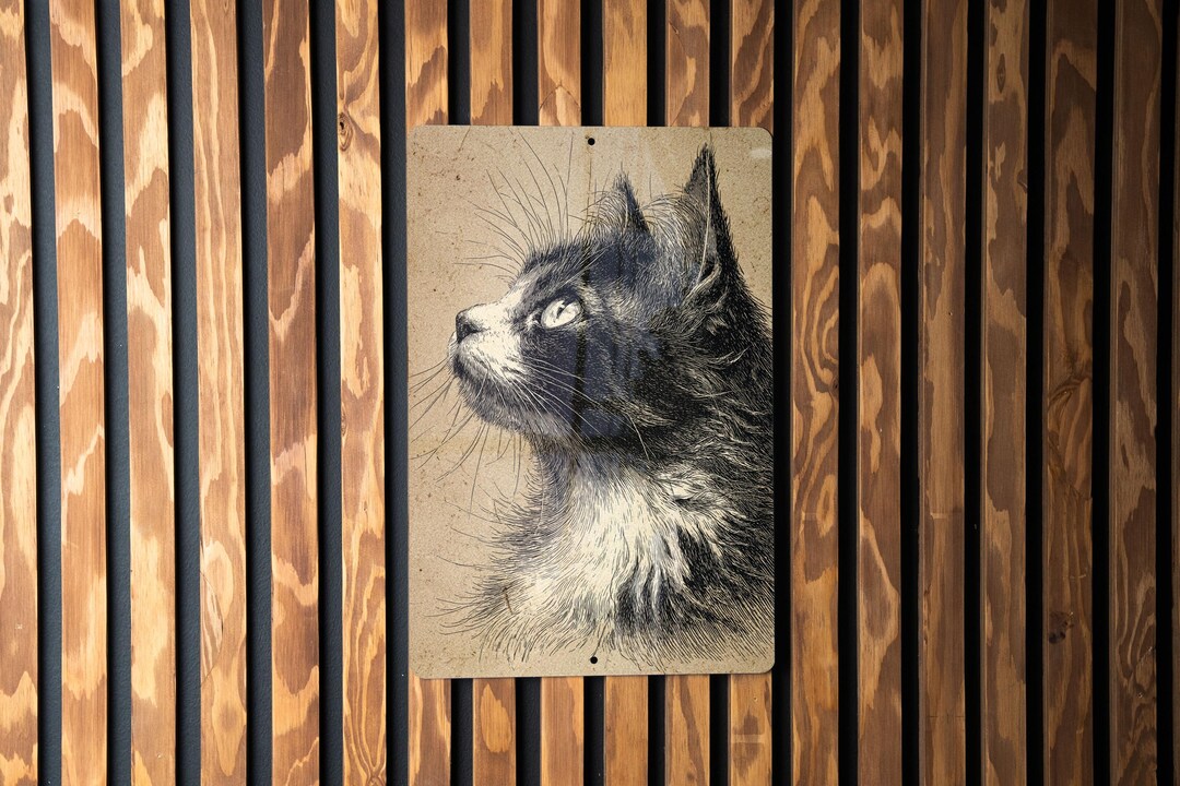Vintage Cat Metal Sign – Sepia Engraving Style | Antique Feline Wall ...