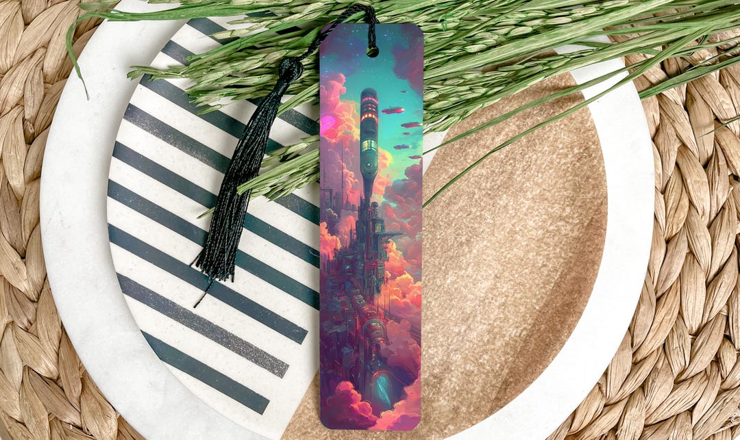 Futuristic Dream Metal Bookmark, Towering City, Pastel Skies, Neon Reds ...