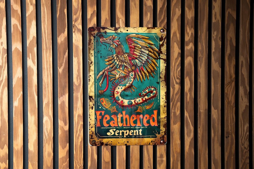 Aztec Mythology Metal Sign, Quetzalcoatl Art, Vintage Pyramid Decor ...