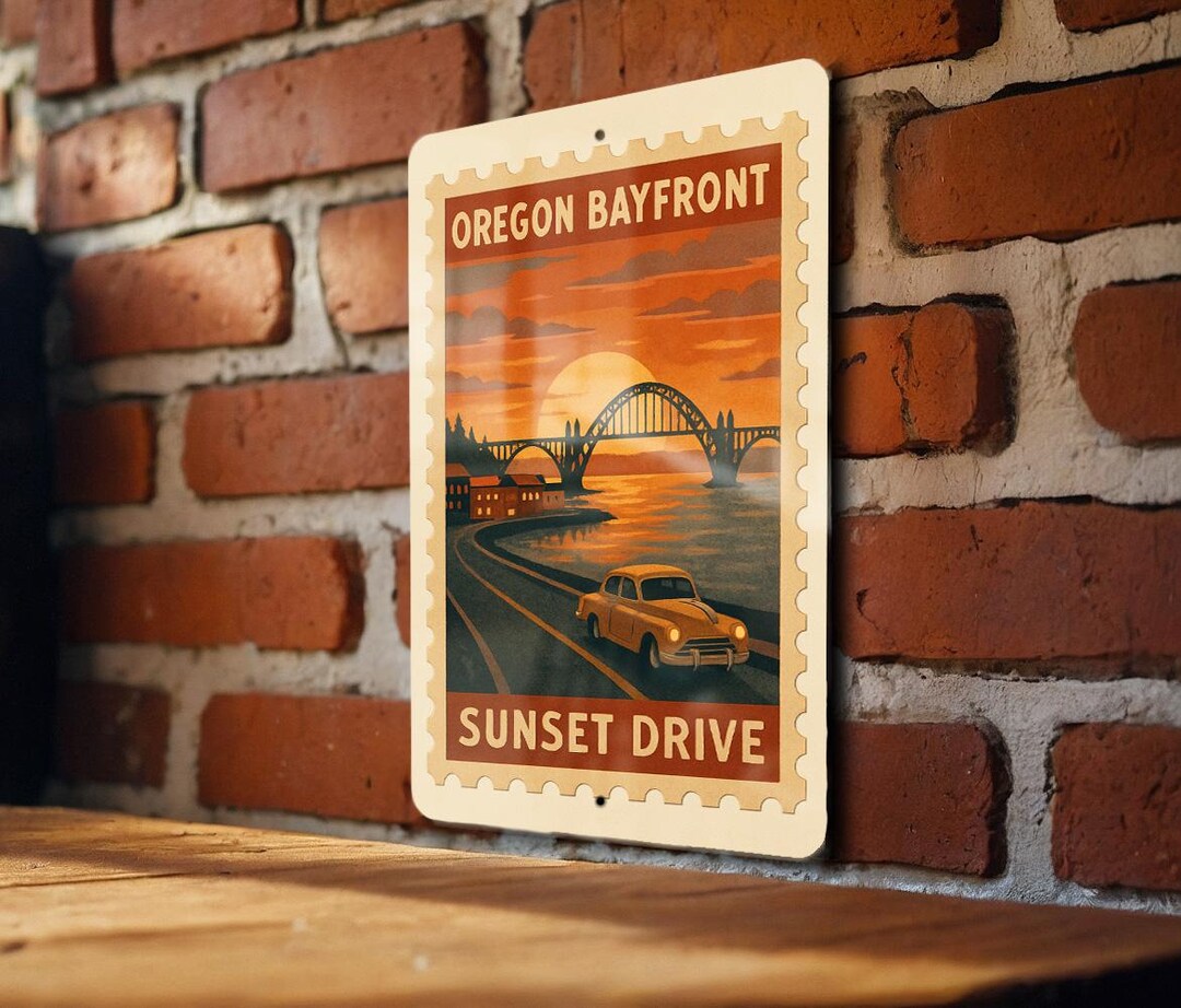 Oregon Bayfront Sunset Drive Metal Sign – Vintage Stamp Style Wall Art ...
