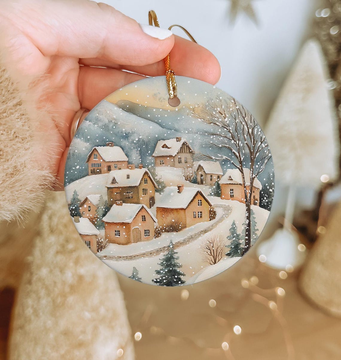 Ethereal Snowy Landscape Ceramic Ornament, Circular Design, Hand ...