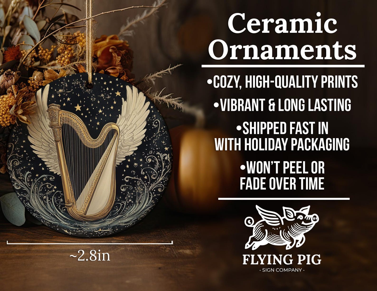 Angelic Harp Wings Ceramic Ornament, Starry Design, Circular Home Decor ...