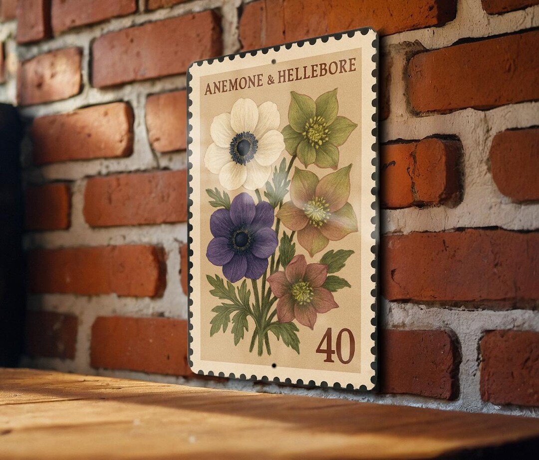 Anemone Hellebore Flower Bouquet Metal Sign – Vintage Botanical Stamp ...