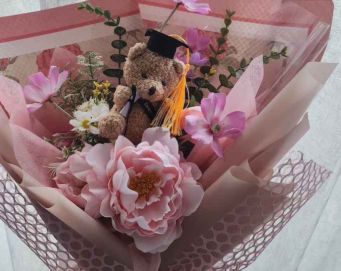 Elegant Silk Flower Graduation Bouquet With Teddy Bear - Etsy