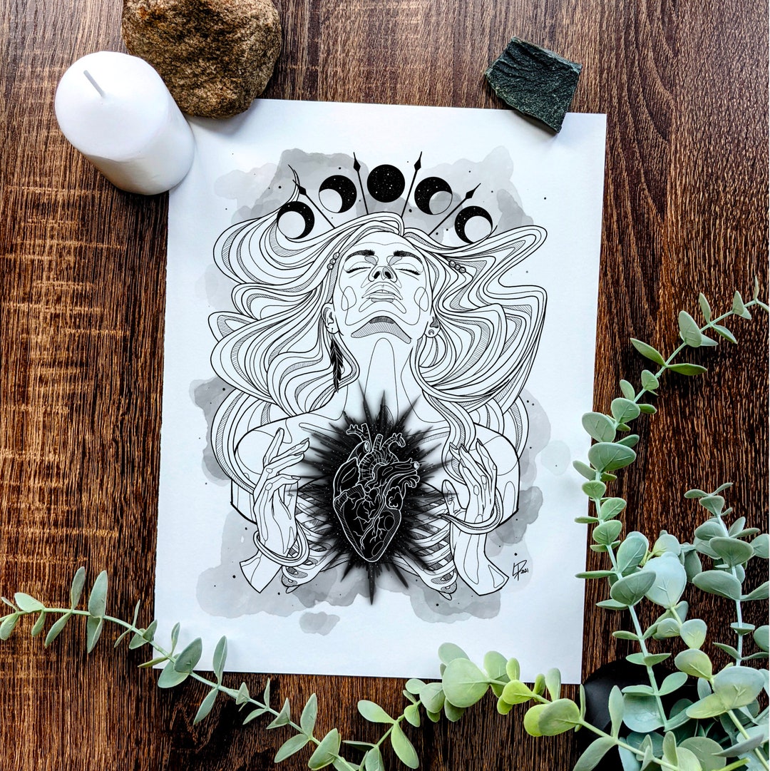 Heart Healing Moon Goddess, Mystical Art Print, Black Ink and ...