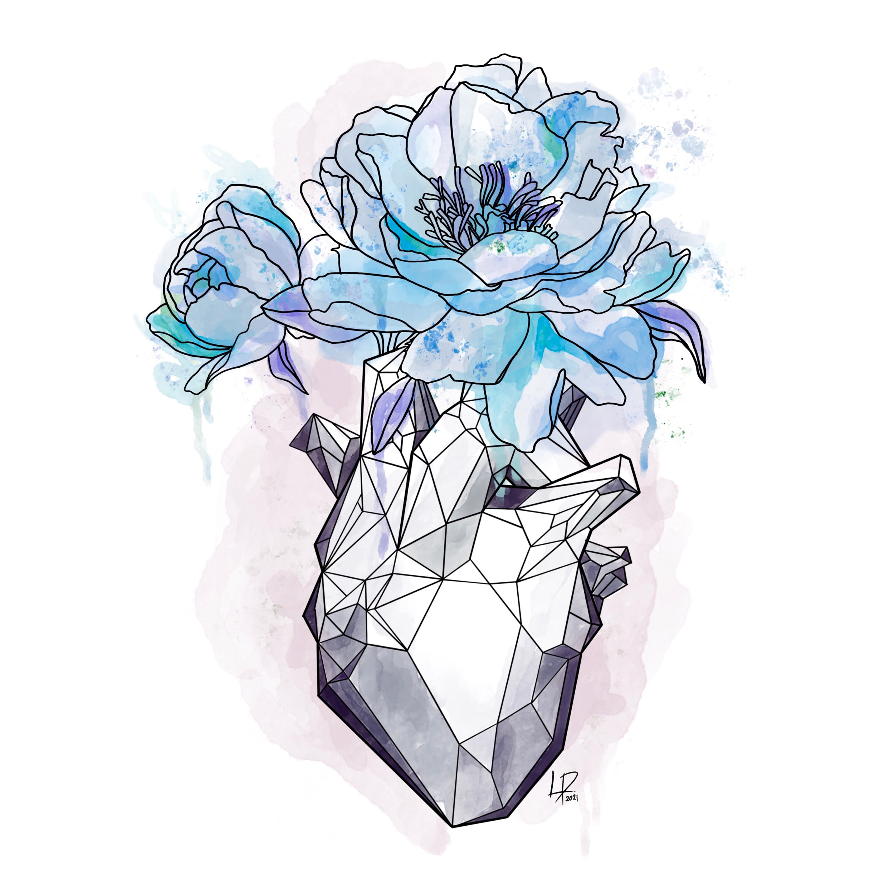 Blue Soul Flower Art Print, Peonies in Geometric Glass Heart, Black Ink ...
