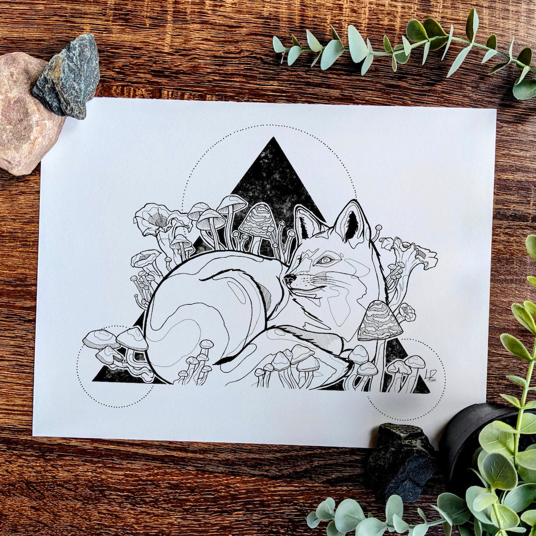 Fox in Bed of Mushrooms, Ink Illustration Art Print, Black and White ...