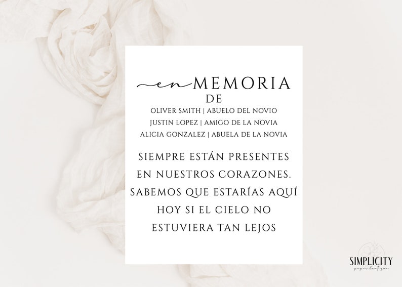 In Loving Memory Wedding Sign Template in Spanish Editable - Etsy