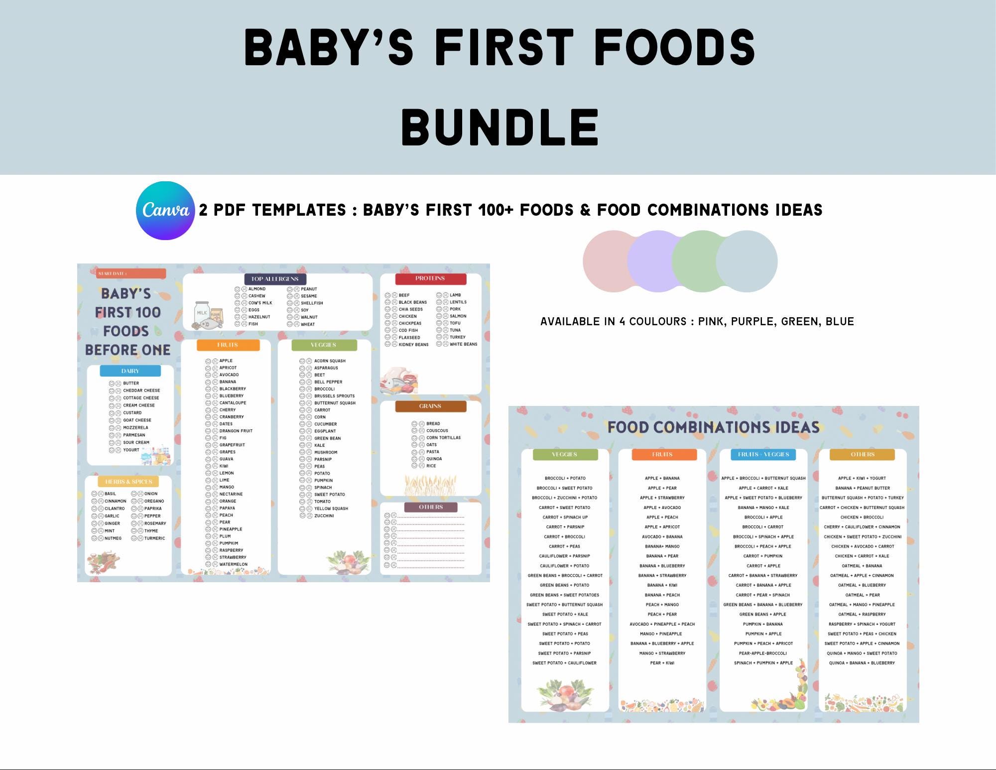 Blue - Baby Food Tracker, Printable Food Bundle, BLW, Baby Purees, Baby ...