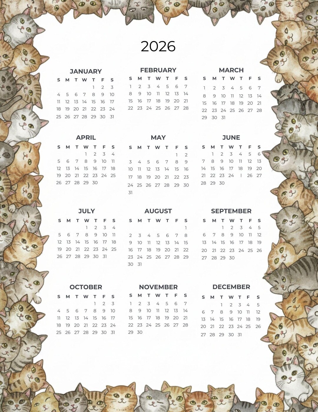 2026 Cat Planner Printable • Cute Kitten Aesthetic Calendar • Undated ...