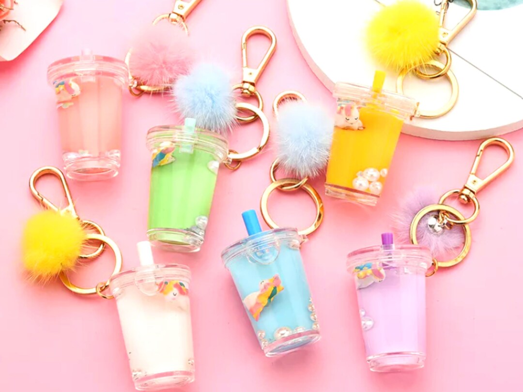 Kawaii Unicorn Boba Keychain – Liquid Acrylic Cup With Pom Pom ...