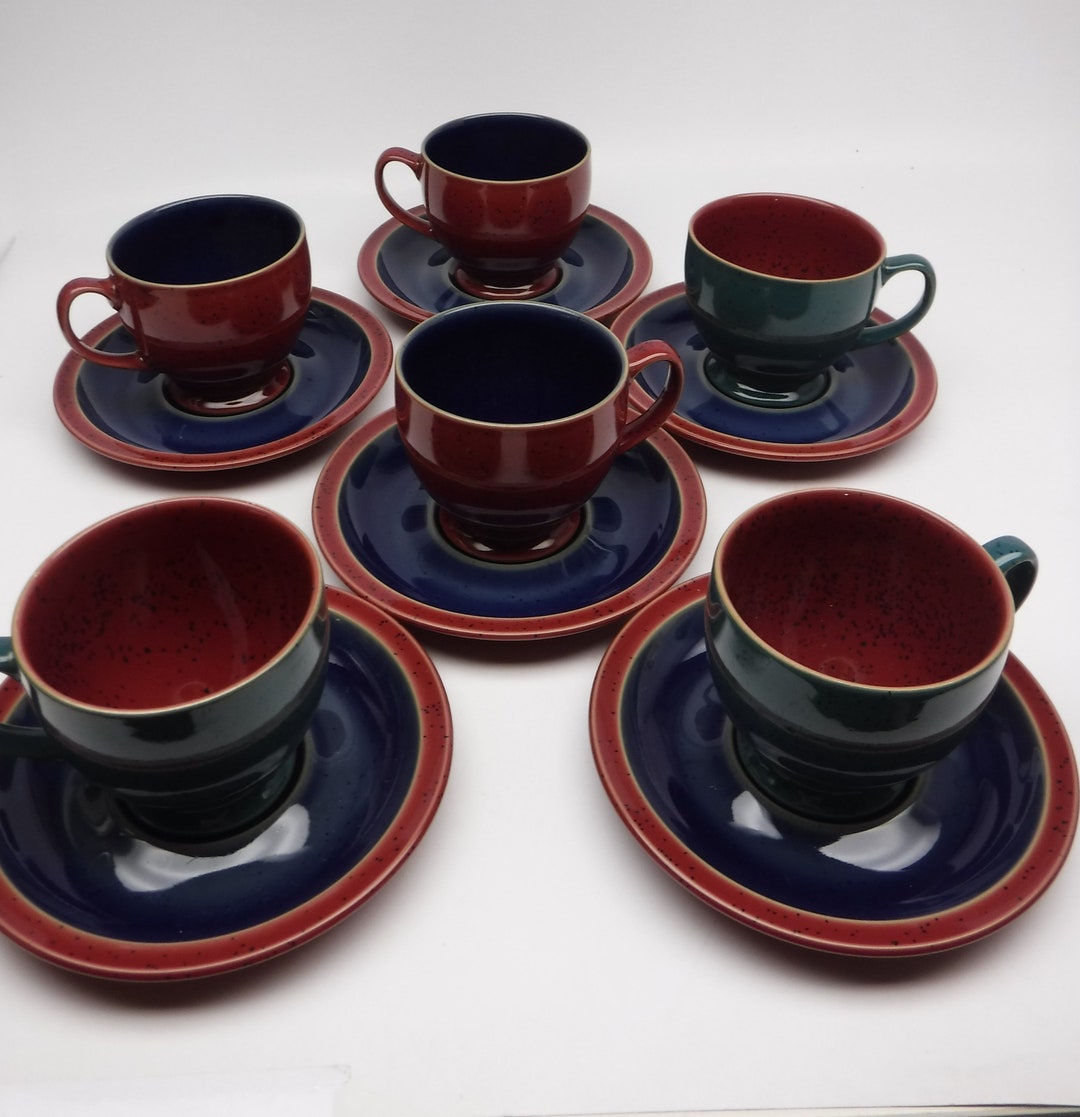 Denby Teacups and Saucers, Blue Red Green "harlequin" Pattern - Etsy