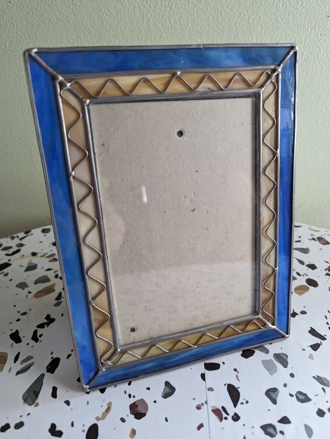 Vintage 4x6 Stained Glass Two Tone Picture Frame in Blue and Cream ...