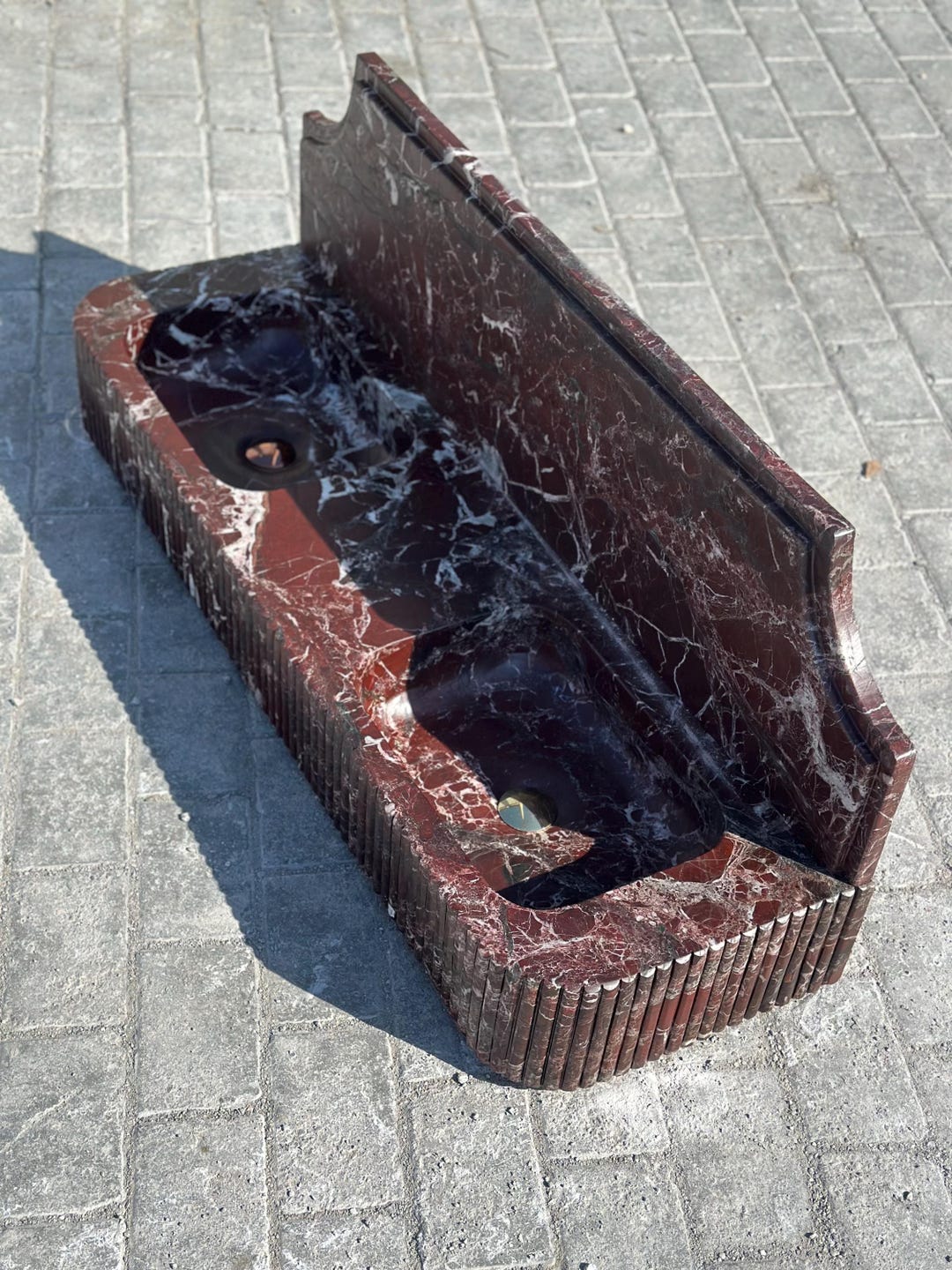 Handmade Rosso Levanto Marble Double Sink: Fluted Red Stone Vessel With ...
