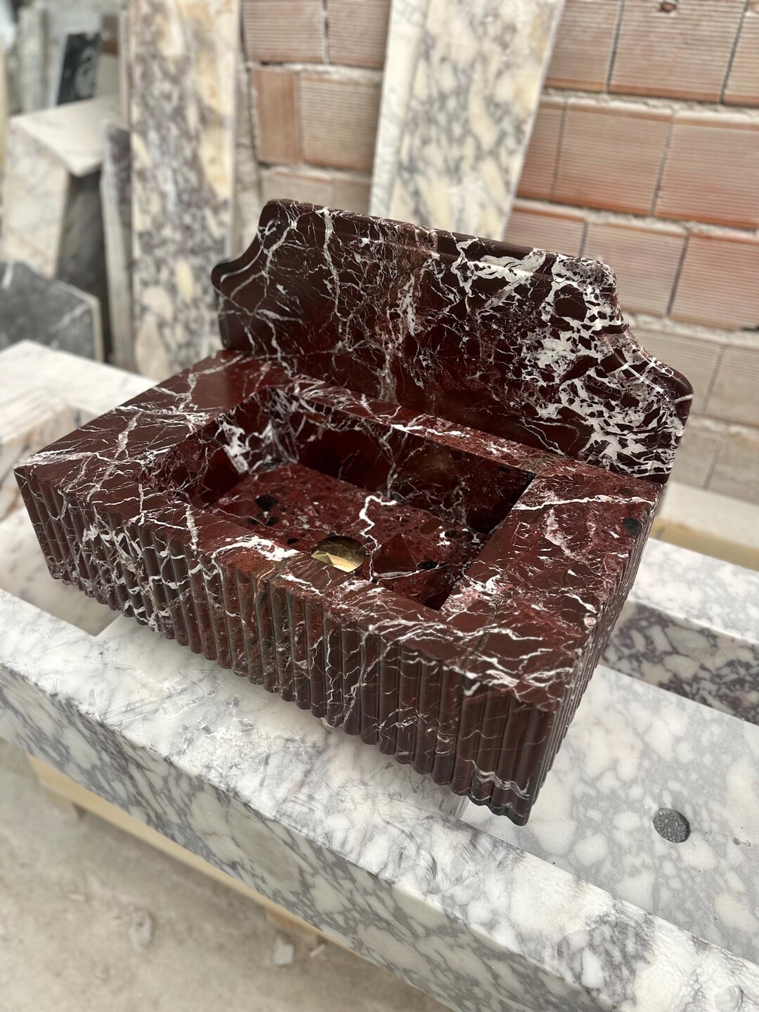 Handmade Rosso Levanto Marble Sink: Fluted Red Stone Vessel With ...