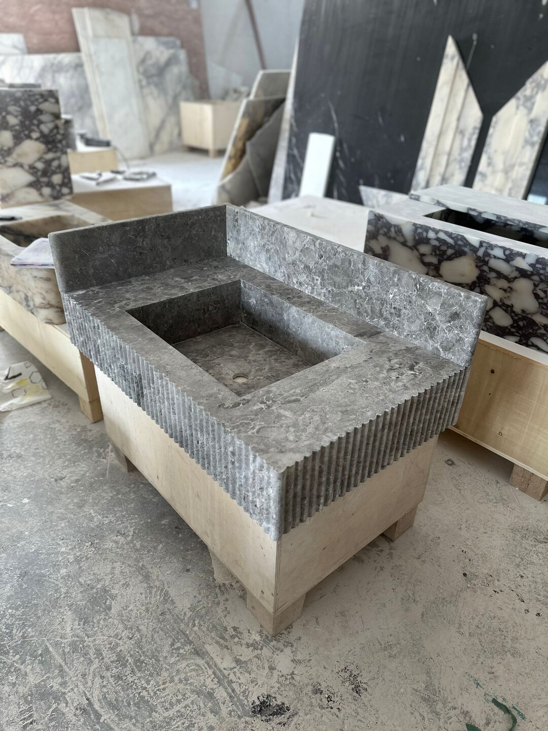 Aqua Luna Grey Marble Sink, Grey Marble Washbasin, Handmade Marble Sink ...