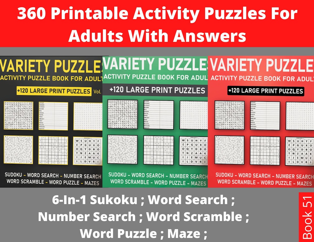 360 Printable Activity Puzzles for Adults, 6-in-1 Sukoku ; Word Search ...