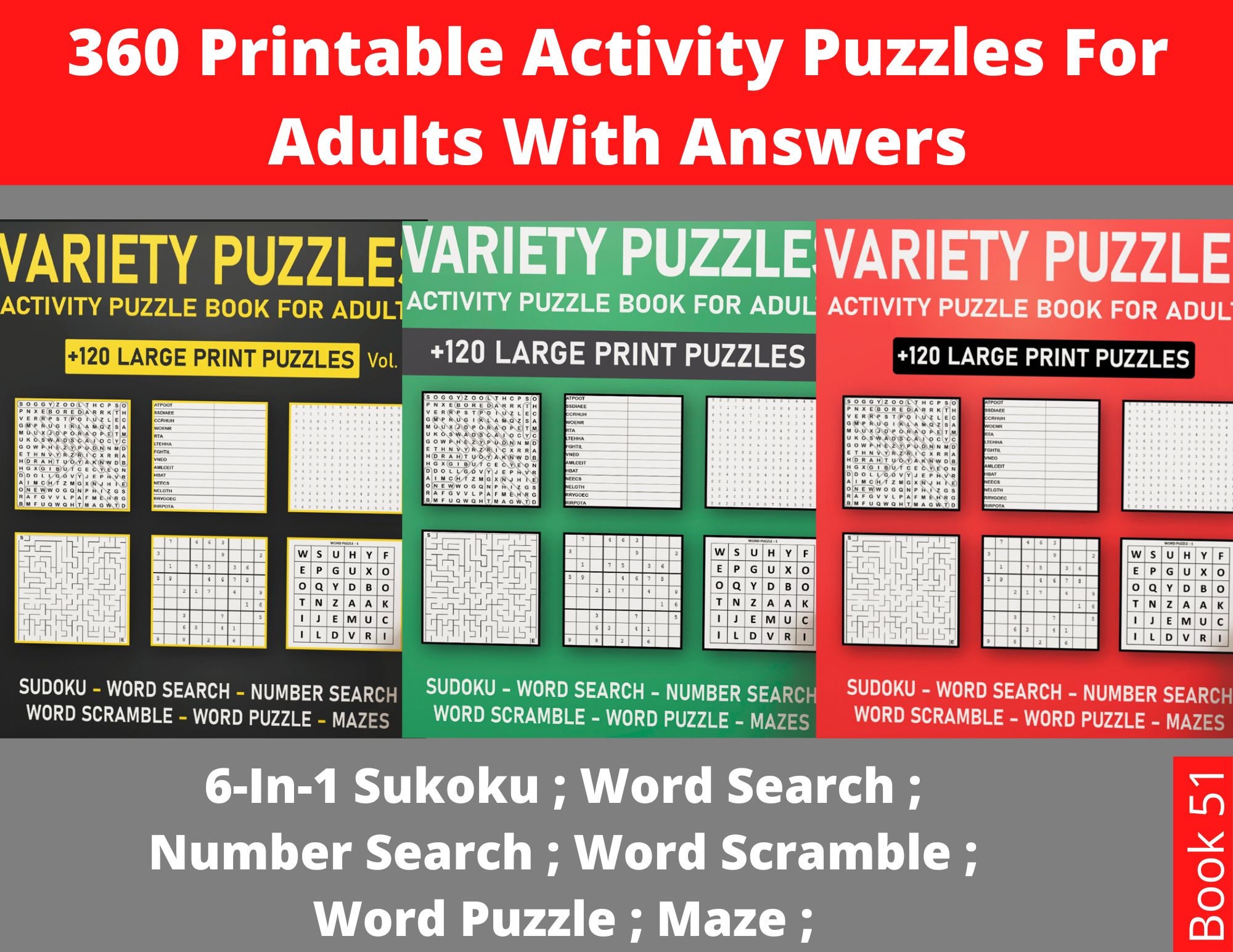 360 Printable Activity Puzzles for Adults, 6-in-1 Sukoku ; Word Search ...