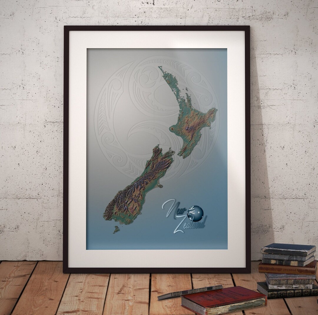 New Zealand DEM Map With Maori Glyph - Photo Paper Poster - Etsy