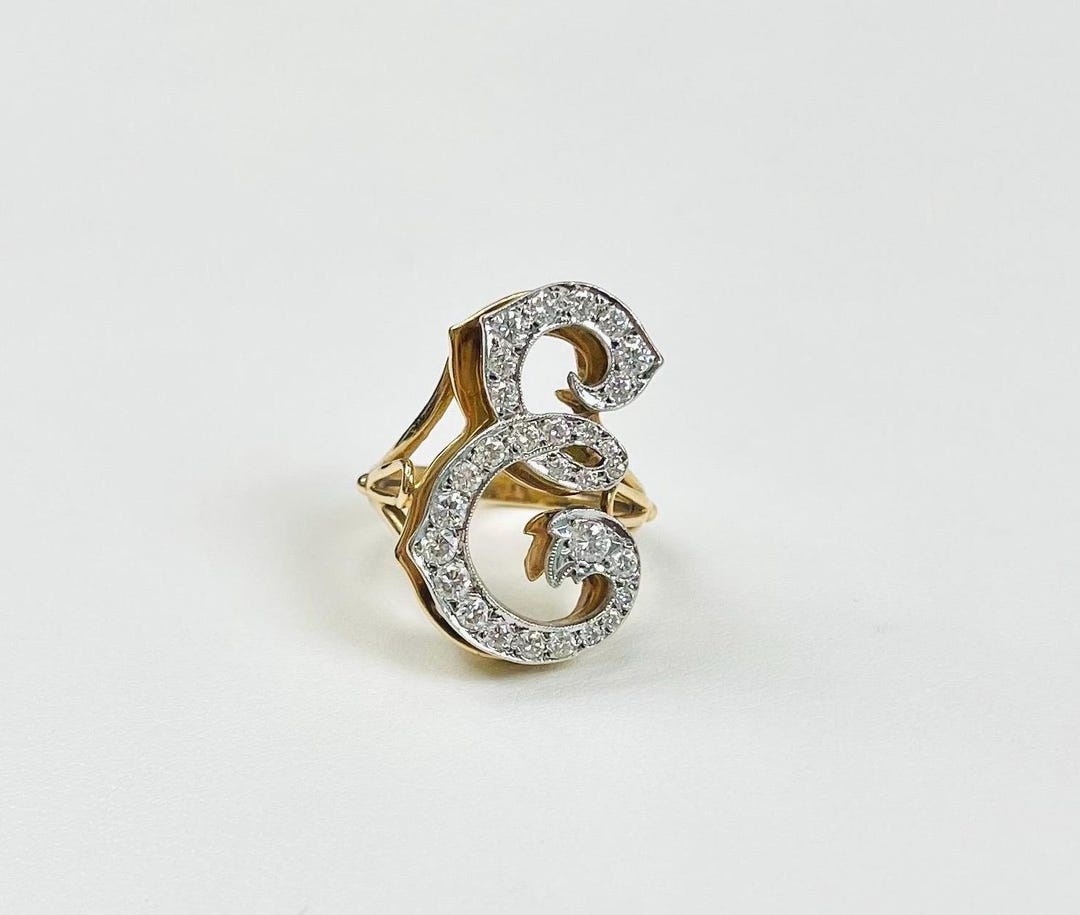 Vintage Stunning Retro 14k Gold Large Letter “E” Ring Set With Diamonds ...