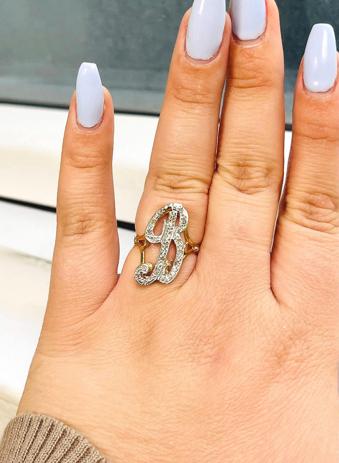 Vintage Retro 14k Yellow Gold Letter “B” Initial Ring Set With Diamonds ...