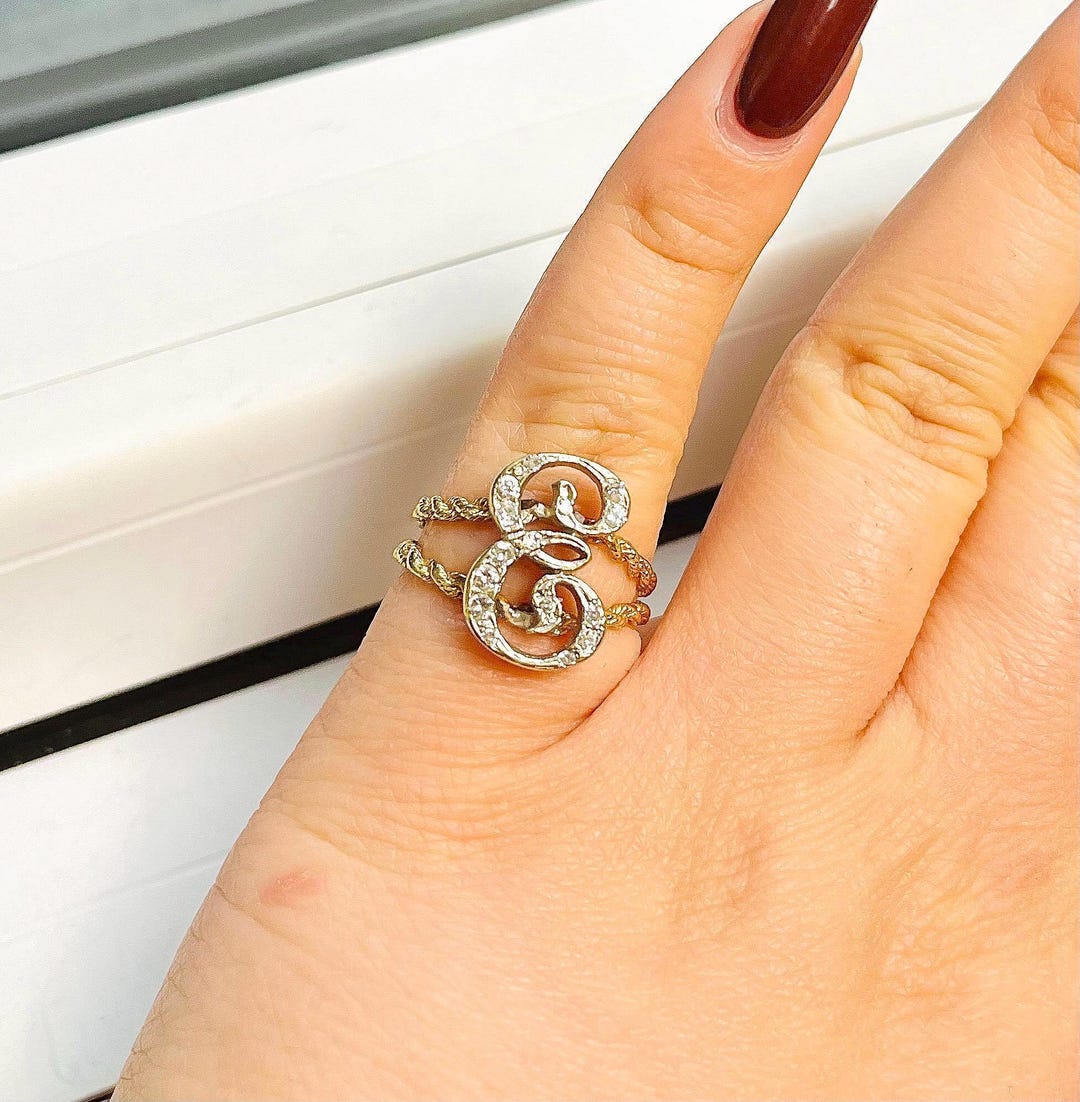 Vintage Retro 14k Yellow Gold Letter “E” Initial Ring Set With Diamonds ...