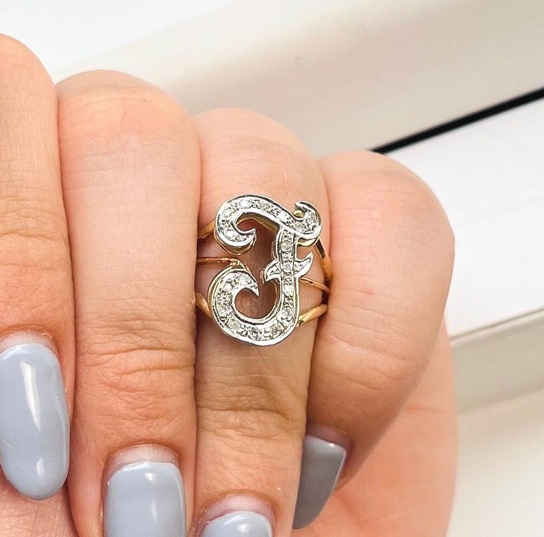 Vintage Retro 14k Gold Letter “F” Ring Set With Diamonds - Etsy