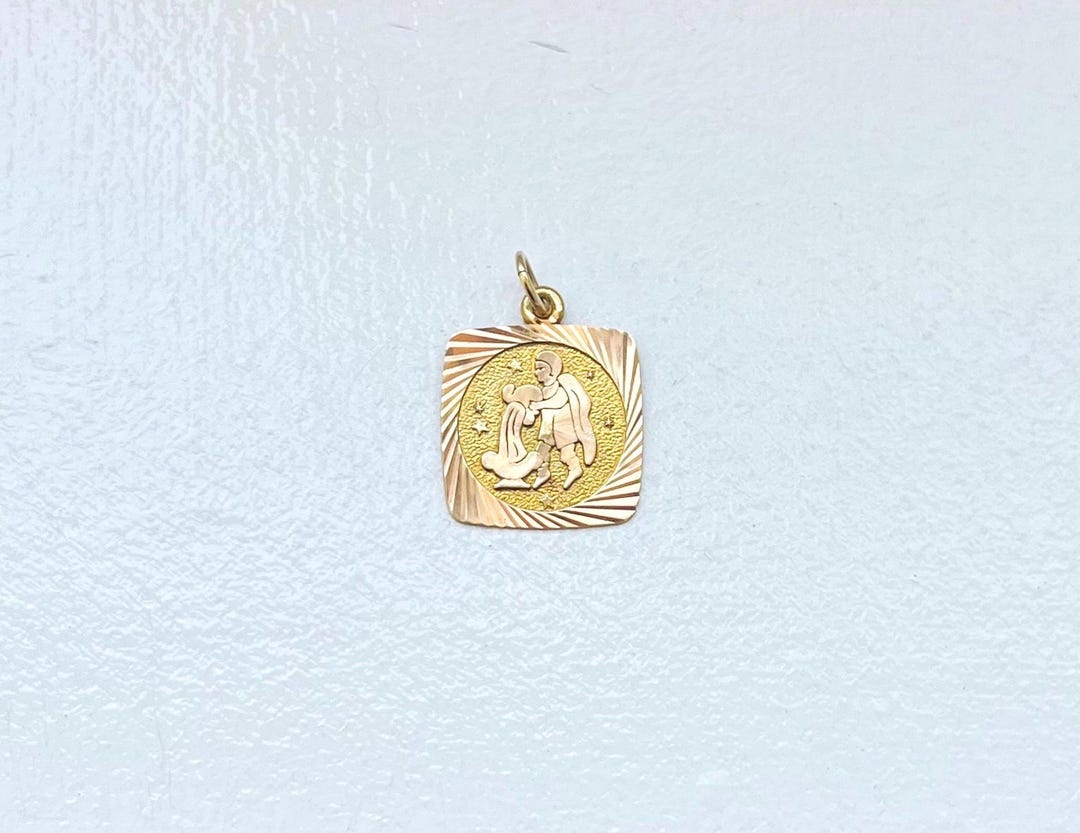 Vintage 18k Gold Engine Turned Celestial Aquarius Zodiac Square Pendant ...