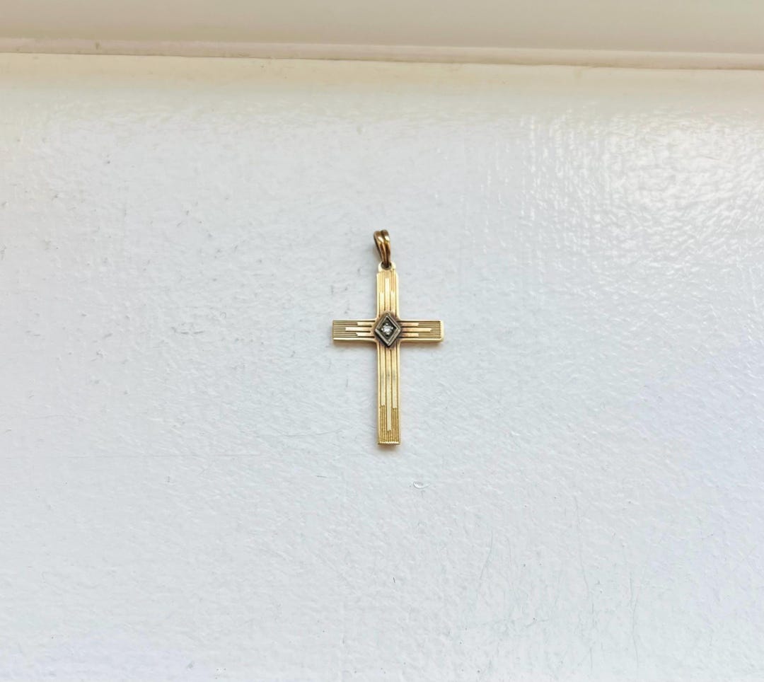 Vintage 14k Yellow Gold Cross Pendant Charm Set With Diamond - Etsy