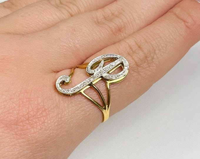 Vintage Retro Large 14k Gold Letter “P” Initial Ring Set With Diamonds ...