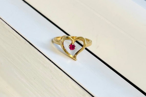 Vintage 14k Gold Heart Ring Set with Ruby - Gem