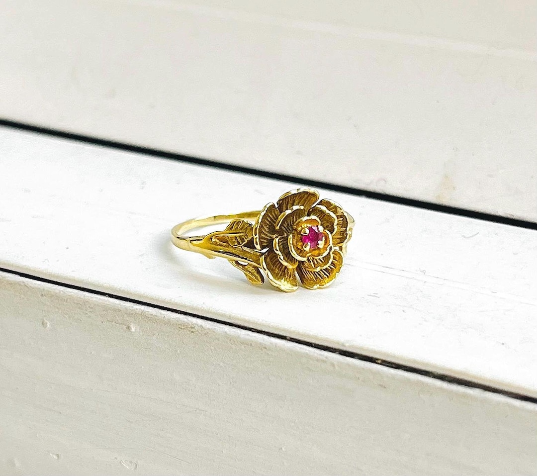 Vintage 14k Yellow Gold Flower Ring Set With Ruby - Etsy