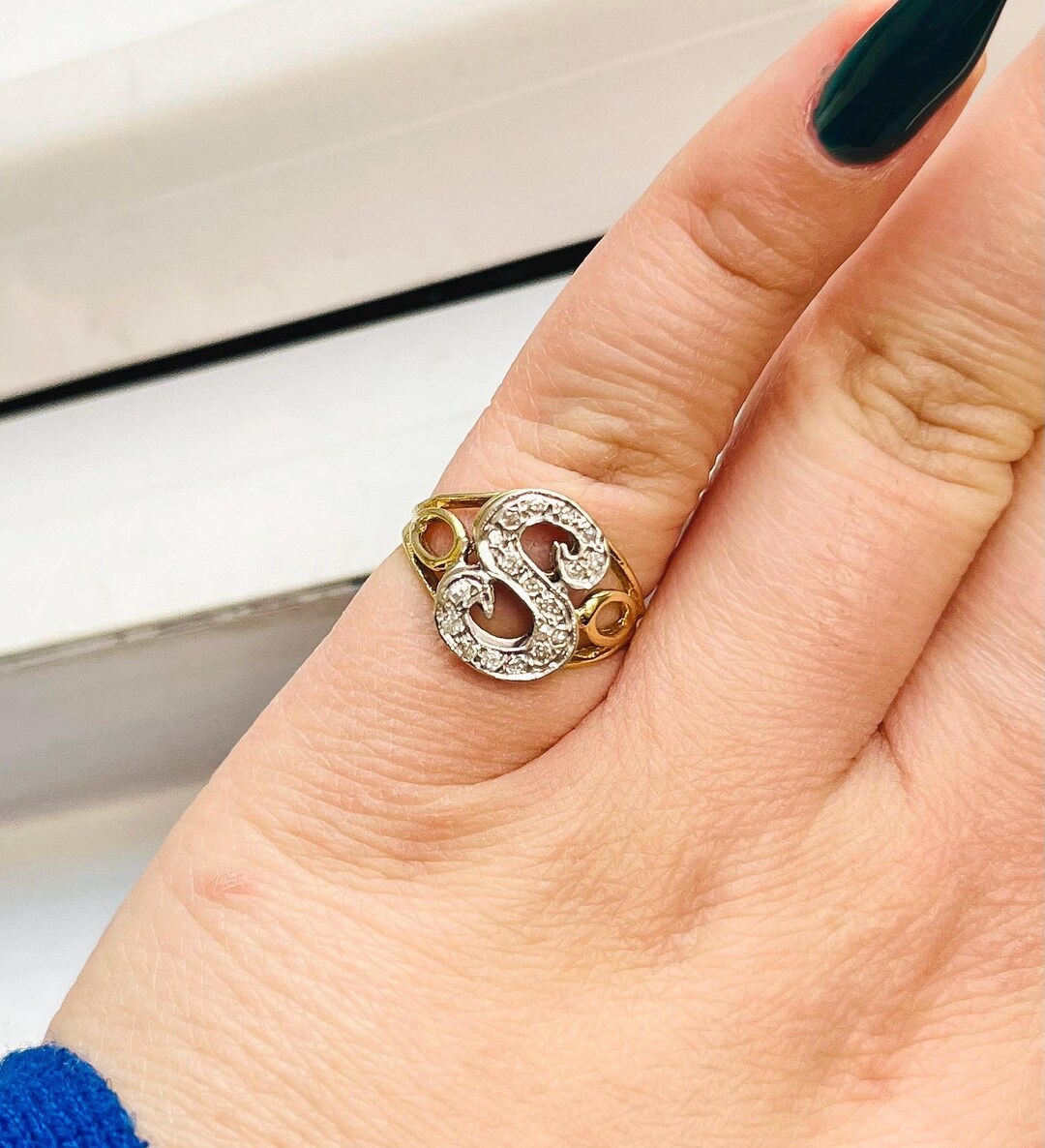 Vintage Retro 14k Yellow Gold Letter “S” Initial Ring Set With Diamonds ...