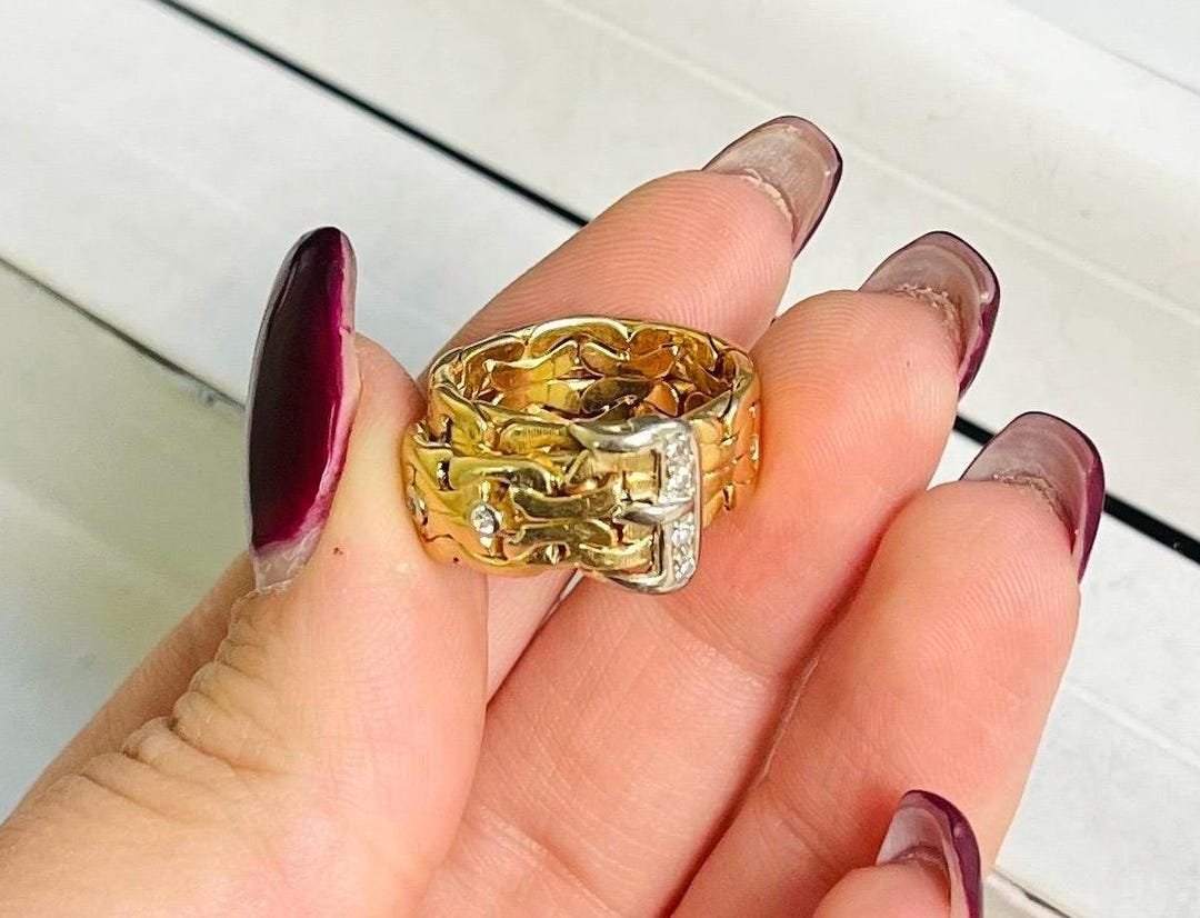 Vintage 14k Yellow Gold Belt Buckle Style Ring With Diamonds - Etsy
