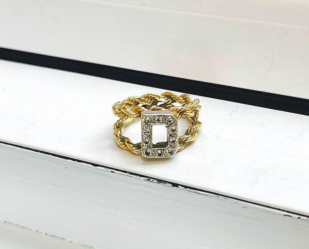 Vintage 14k Gold Letter “D” Initial Rope Style Ring Set With Diamonds ...