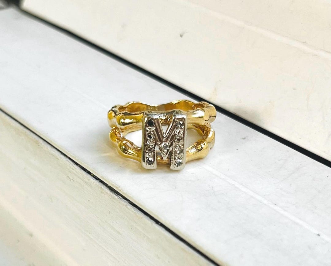 Vintage Retro 14k Gold Bamboo Style Letter “M” Initial Ring Set With ...