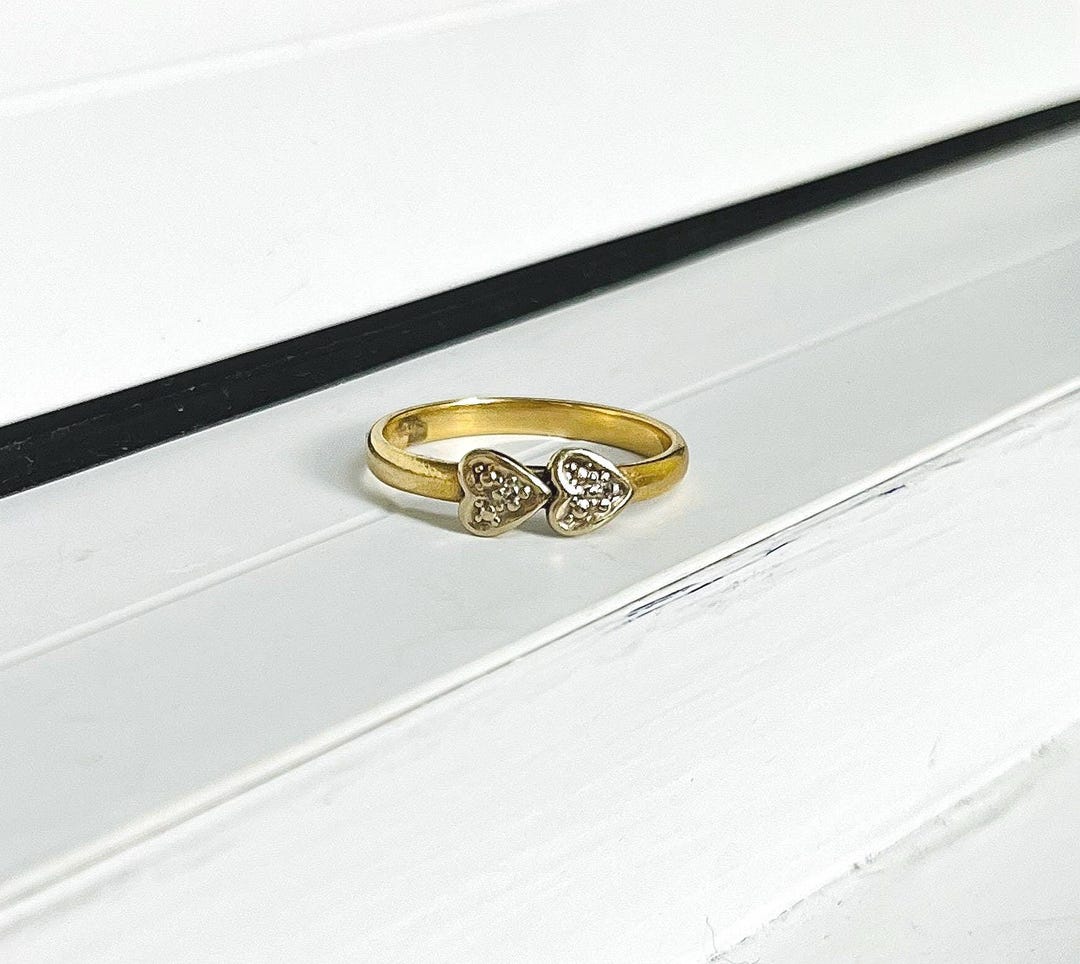 Vintage 14k Yellow Gold Double Hearts Ring Set With Small Diamonds - Etsy