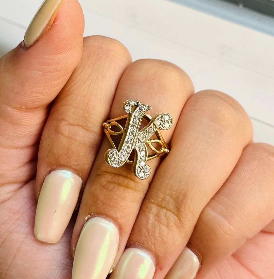 Vintage Retro Large 14k Gold Letter “K” Ring With Diamonds - Etsy