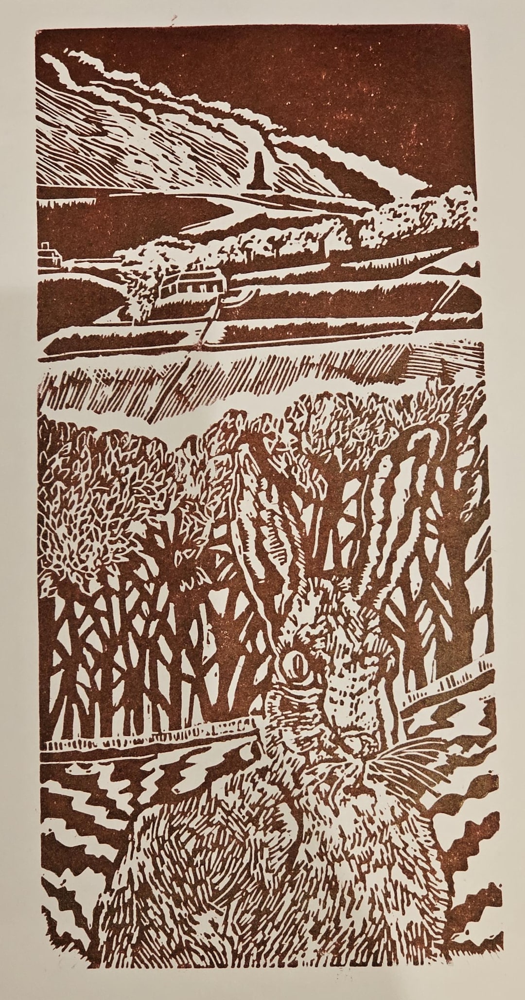 Catch Me If You Can Original Lino Print of Hare in the Countryside - Etsy