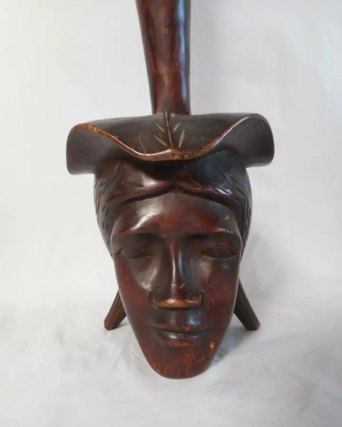 19” Hand Carved Wood Stand With Small Bowl in the Head or Wall Hanging ...