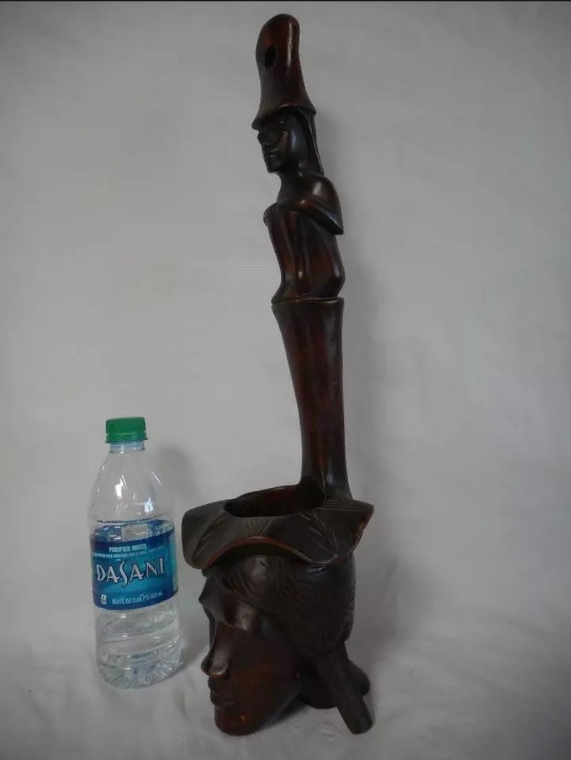 19” Hand Carved Wood Stand With Small Bowl in the Head or Wall Hanging ...