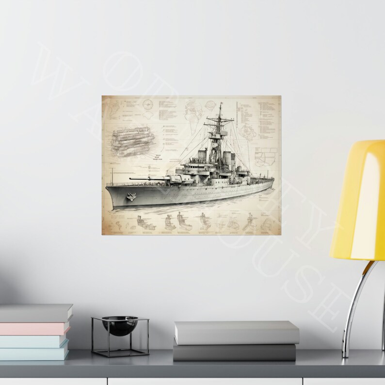 Vintage Battleship Wall Art, Ship Design, Navy, Kids Bedroom, Office ...