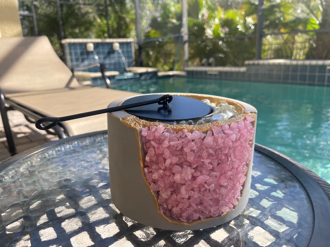 Tabletop Fire Pit With Geode, Portable Concrete Fire Pit, Cement Fire ...