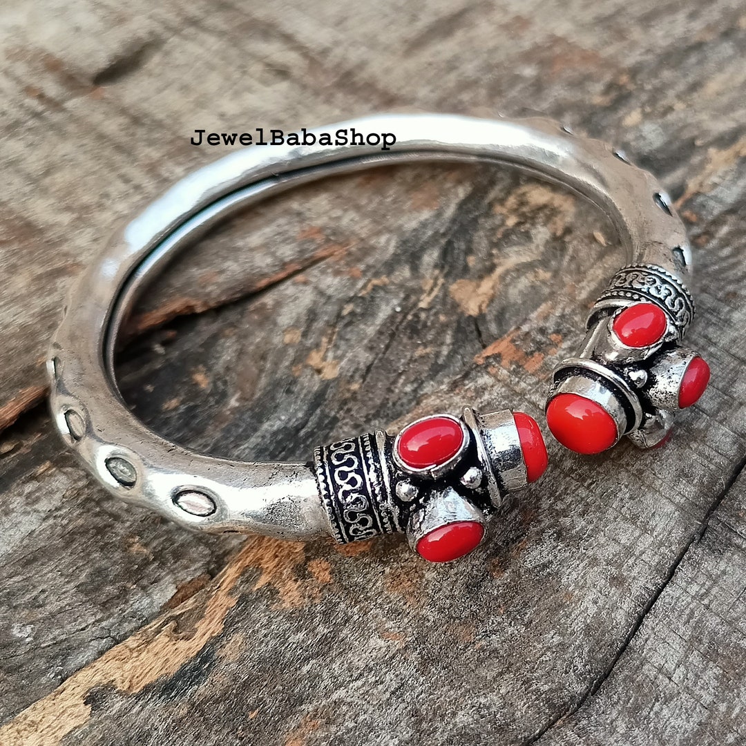 Red Coral Bangle, Sterling Silver Plated Bangle, Cuff Bangle, Coral ...