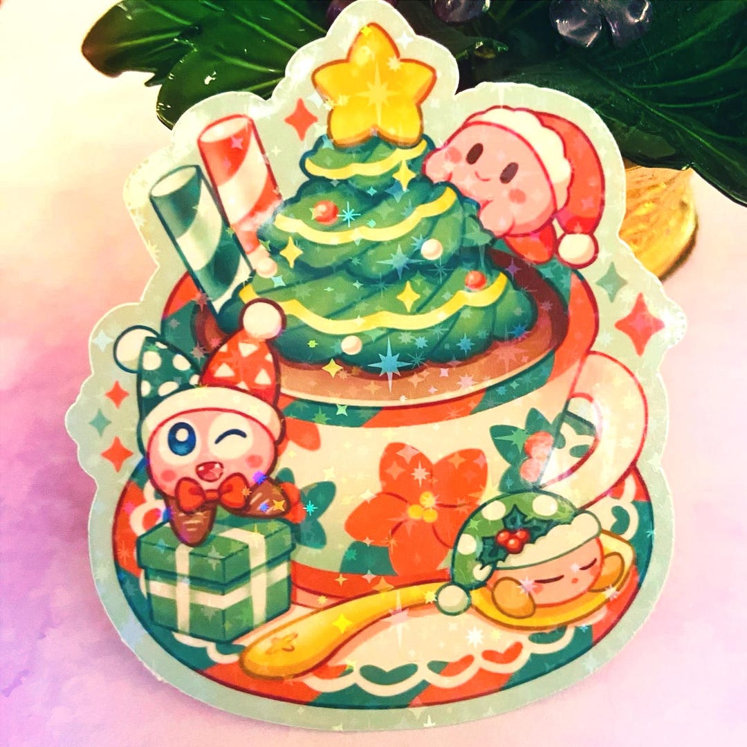 Kirbys Christmas Tree Latte || 3" Sparkle Glossy Vinyl Sticker || Kirby ...