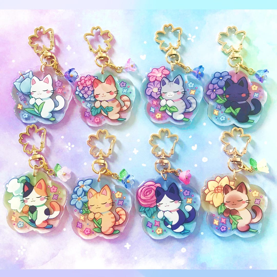 Cat & Flower Acrylic Charms || 2" Double Sided Keychain With Glass ...