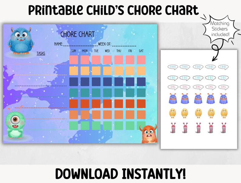 PRINTABLE Child's Daily Chore Chart With Sticker Sheet, Task Checklist ...