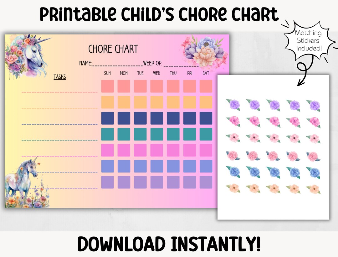 PRINTABLE Child's Daily Chore Chart With Sticker Sheet, Task Checklist ...