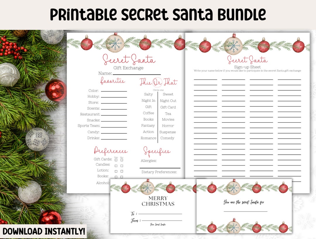 Secret Santa Questionnaire Bundle, Christmas Gift Exchange, Printable ...